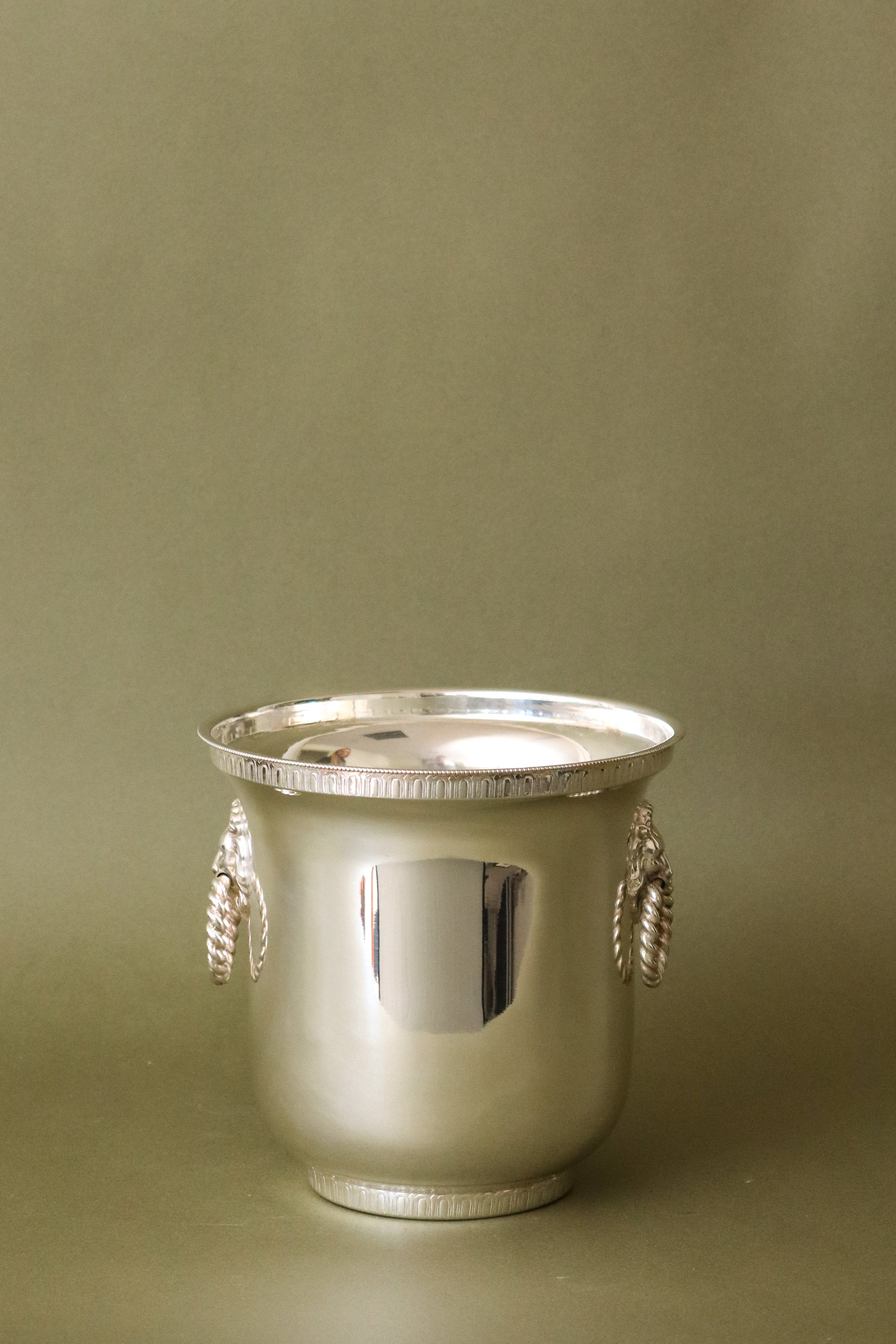 Petite English Silverplate Ice Bucket with Strainer + Lion Head Rope H ...