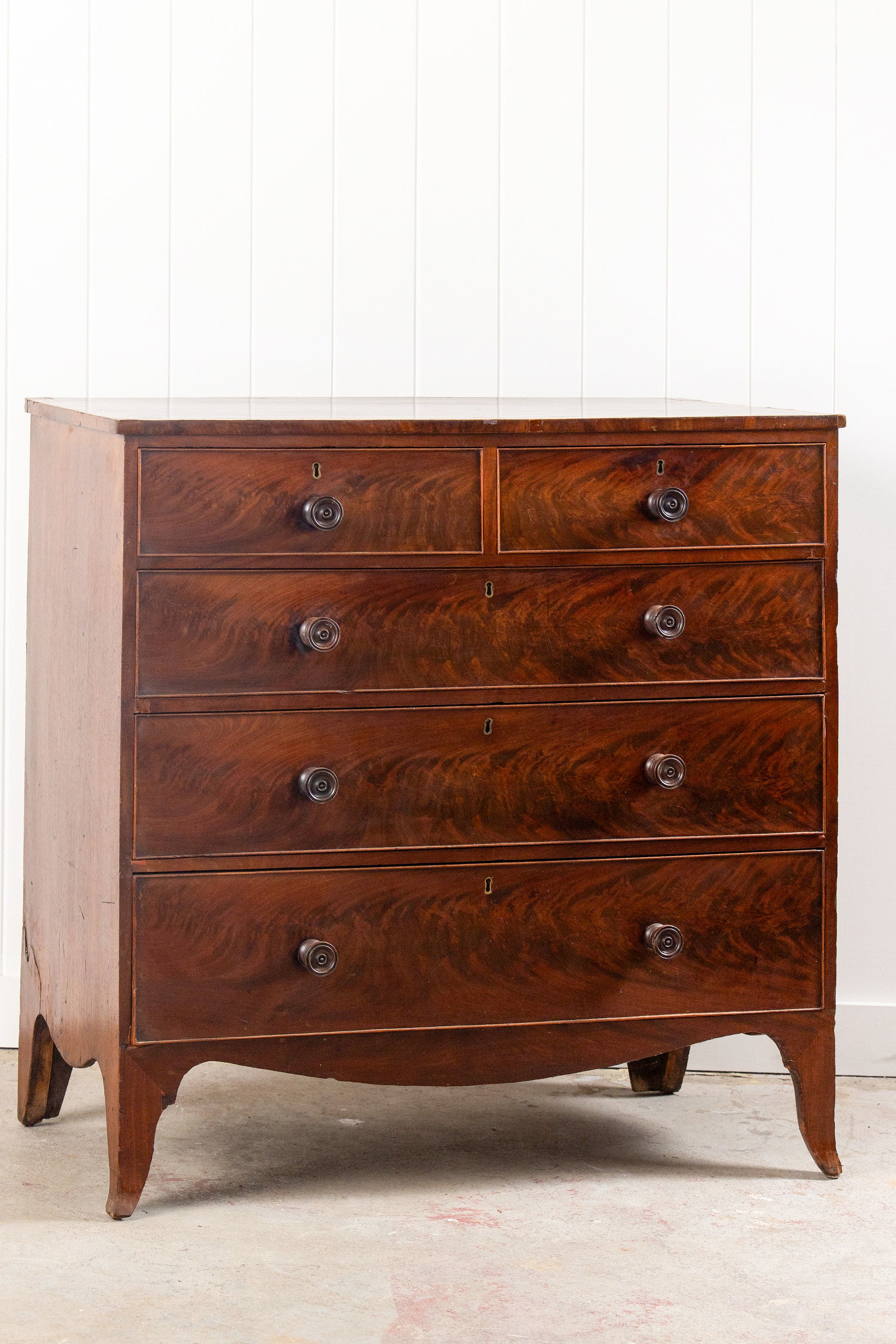 19th Century English Mahogany Chest with Banded Top + Wooden Knobs – FOUND
